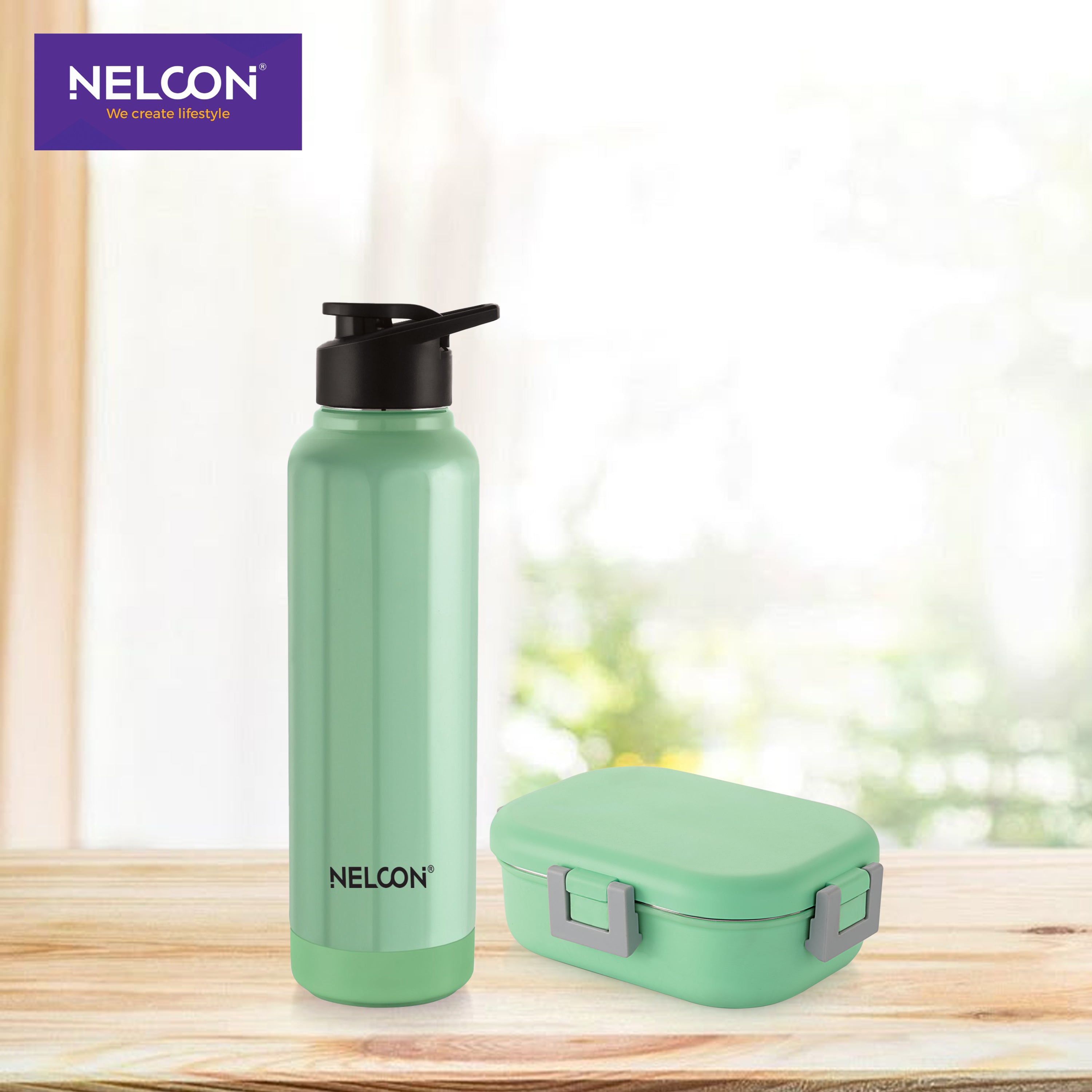Neo Steel X Aura Combo Set - Sea Green (900ml Bottle + 1 PC TIFFIN)